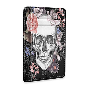 Linomo Thin leather Card Holder and Money Clip Floral Sugar Skull Face Print Wallet RFID Blocking for Men & Women