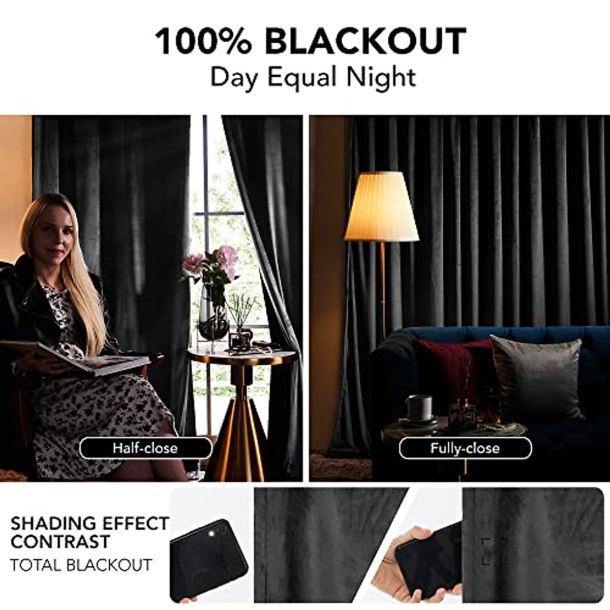 Deconovo Velvet Curtains 96 inches, 100% Blackout Curtain with Black Liner - 52x96 Inch, Luxury Curtains for Living Room, Rod Pocket and Back Tab Window Drape for Bedroom/Office, Dark Gray, 1 Panel