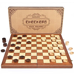 VAMSLOVE 15inch Checkers Folding Wooden Game Set, 100 Square Checkerboard International Checkers Draughts Board 10x10 for Kids with Pieces Storage Slots (Instructions Included)
