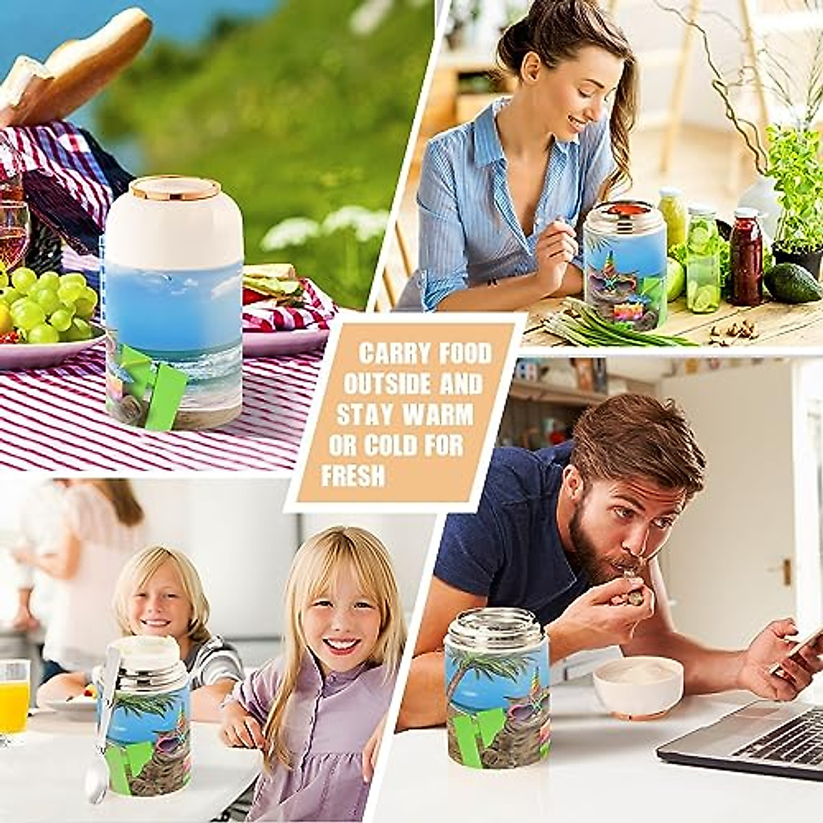 CUPADA Beach Cat Unicorn Food Jar, Tropical Palm Tree Insulated Hot Food Jars Vacuum 17OZ with Folding Spoon for Work Trip Picnic Camping