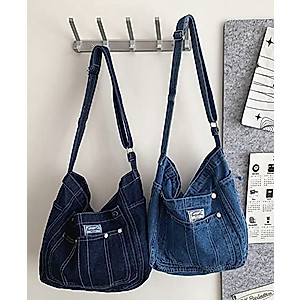 Denim Hobo Bags for Women Retro Jean Shoulder Bag with Embroidery Casual Tote Handbags Multi Pockets Vintage Satchel Bags