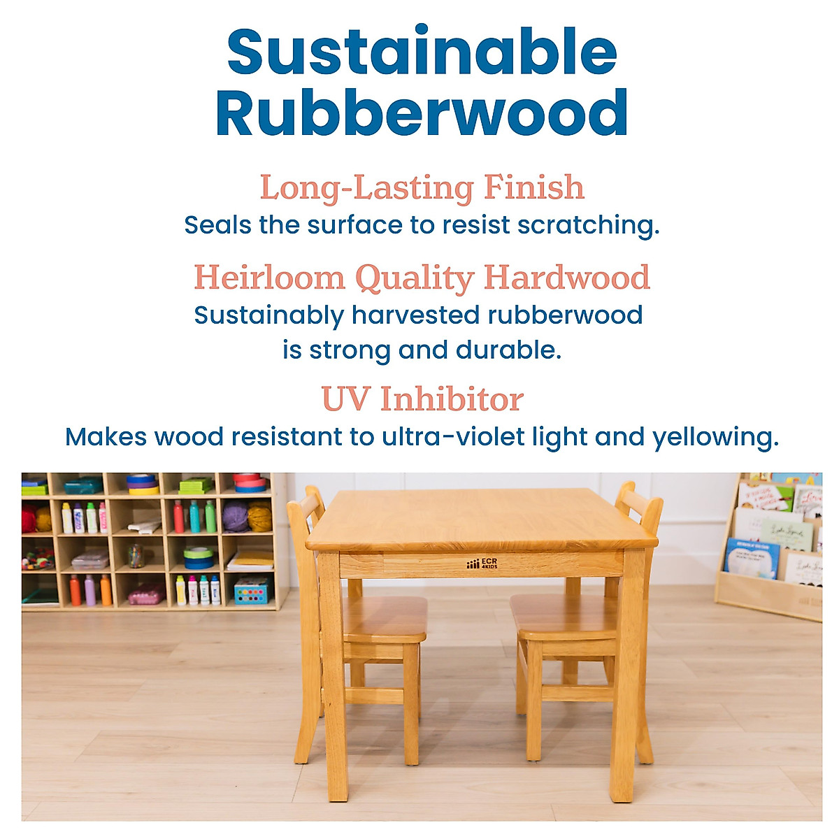 ECR4Kids 30in D Square Hardwood Table with 24in Legs and Two 14in Chairs, Kids Furniture, Honey