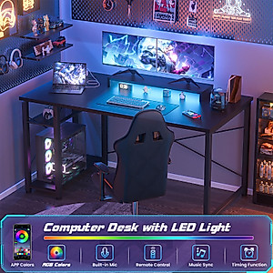 Besiost Gaming Desk with Lights & Power Outlets, 39.4' Computer Desk with Shelves, Small Desk for Small Space, Writing Desk with Monitor Stand, Black