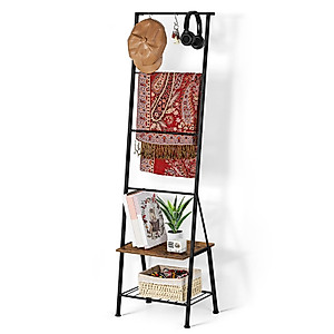 Blanket Ladder Farmhouse Blanket Holder Rack with Storage Shelf, Decorative Ladder Shelf with Hooks, Towel Holder Rack for Bathroom Living Room Home Decor, Rustic Brown