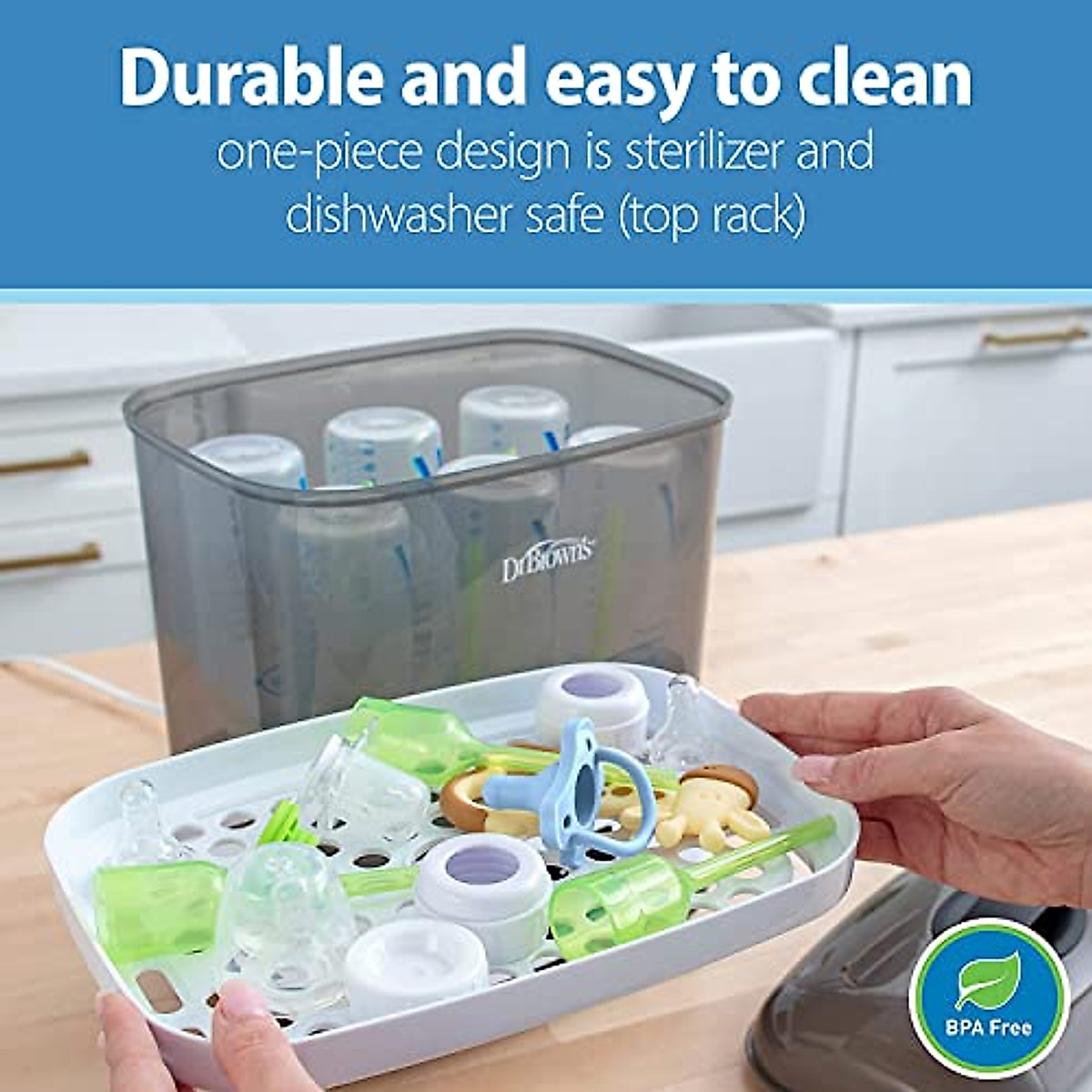 Dr. Brown’s Anti-Colic Options+ Baby Bottles 8 oz, Level 1 Nipple, 4 Pack, Blue Nature, 0m+ with Sterilizer, Bottle Brush, and HappyPaci Pacifier 0-6m, Blue Gift Set