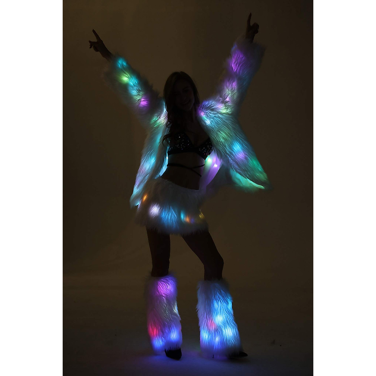 JIRUIWEN Light Up Leg Warmers - Women’s Furry-Led-Fur-Fluffies-Glow-Costumes Dance Hosiery Burning-man-Outfit