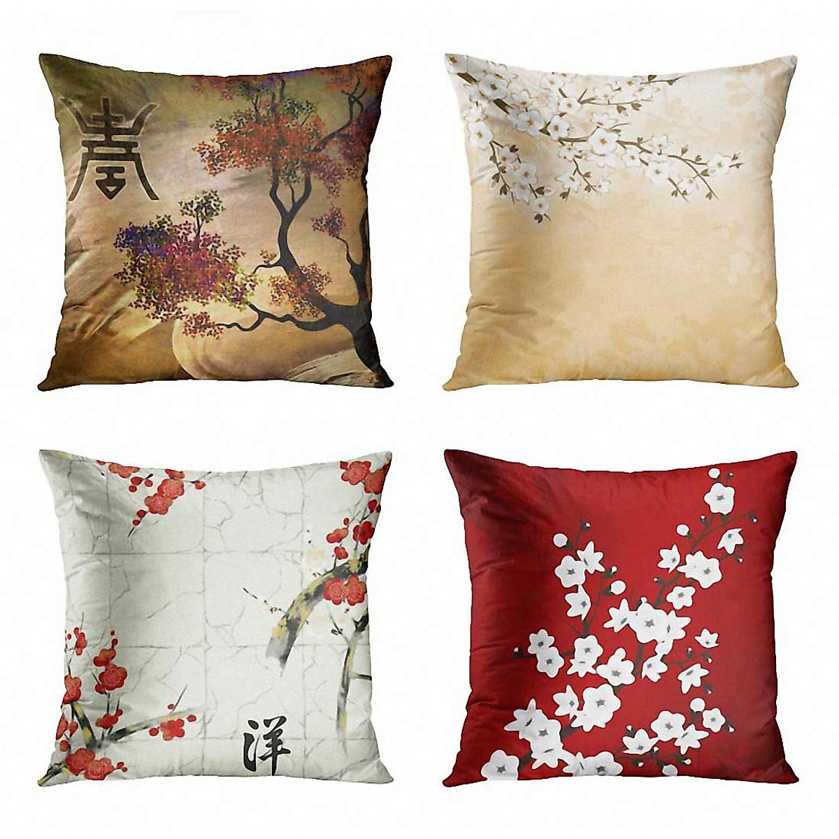 ArtSocket Set of 4 Throw Pillow Covers Japanese Tree Eastern Nature Home Flowers Cherry Blossom Beige Cream Decorative Pillow Cases Home Decor Square 18x18 Inches Pillowcases