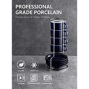 Sweese 4 Ounce Porcelain Stackable Espresso Cups with Saucers and Metal Stand Set of 4, Navy