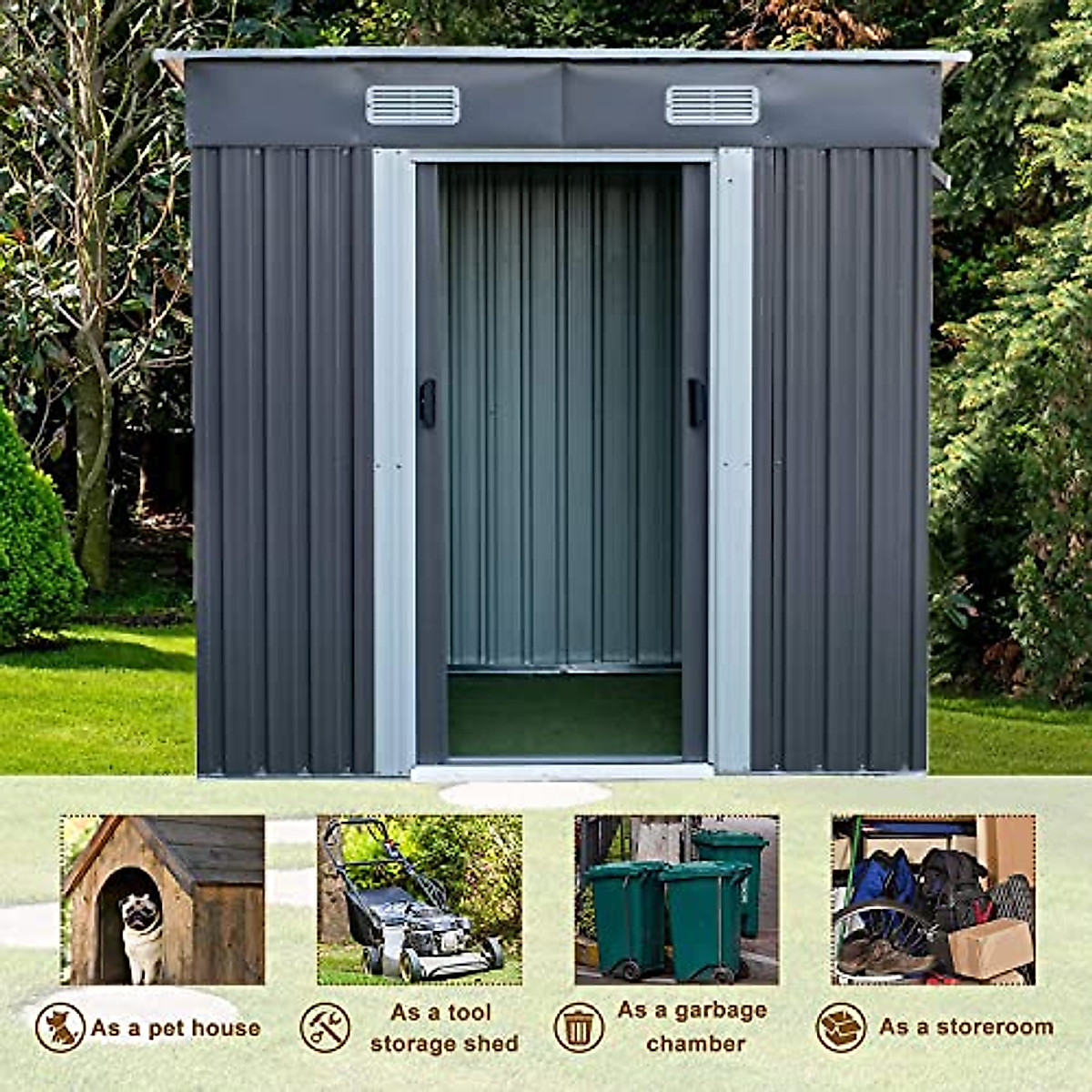 Arlopu 6 x 3.5 FT Outdoor Storage Shed, Metal Sheds with Sliding Doors and Vents, Waterproof Tool Storage Cabinet, Backyard Patio Lawn, for Bicycle, Garden Tool, Pet House, Utility Room (Light Grey)