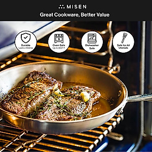 Misen 5-Ply Professional Stainless Steel Pan - Superior Heat Retention & Larger Cooking Surface for Searing & Sautéing - Cool Ergonomic Handle -12 Inch