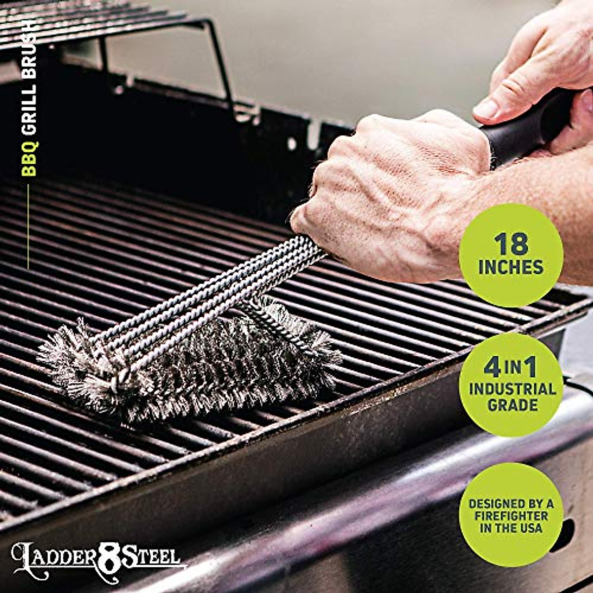 Jolly Green Products 4-in-1 Grill Brush and Scraper, Steel Bristles, Grill Cleaner with 18-Inch Handle, Will Not Scratch or Damage Grate, Perfect BBQ Grilling Gifts for Men