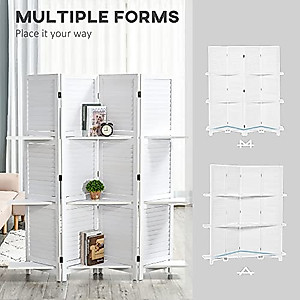 HOMCOM 4 Panel 67" Tall Wood Privacy Screen Room Divider with 3 Display Shelves, and Folding Storage for Bedroom or Home Office, White