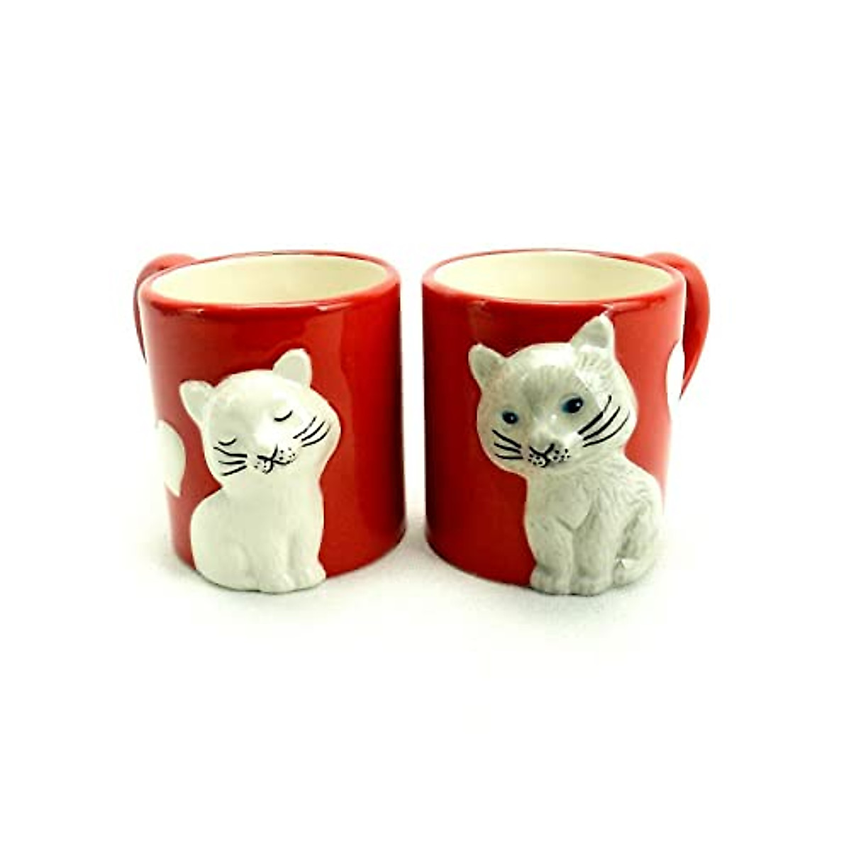 TDL Kissing Cat Mugs, Cute Matching Coffee Mugs, 3-Finger Loop Handles for Easy Handling, Ceramic Cups, Dishwasher Safe - Set of 2, Red, 3 1/4'' diameter (5 1/2'' edge to handle) x 3 1/2''H