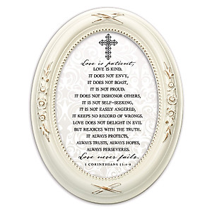 Cottage Garden Love Never Fails Inspirational Distressed Ivory Floral 5 x 7 Oval Table Top and Wall Photo Frame