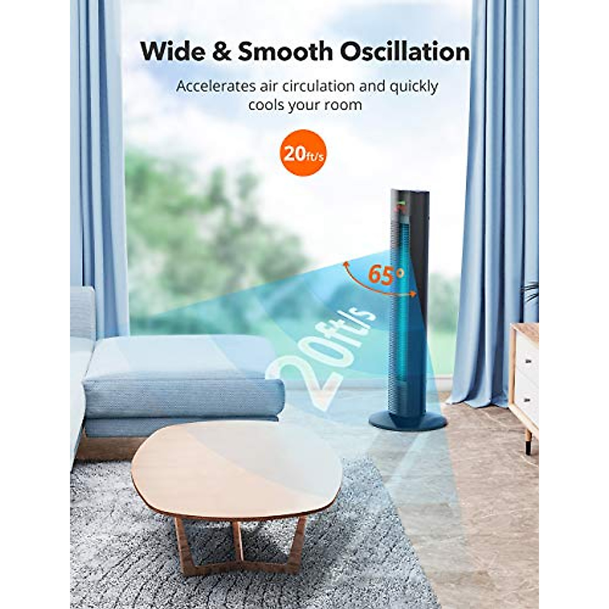 TAOTRONICS Tower Fan, 36" Oscillating Tower Fan with Remote, 9 Modes, Large LED Display, 12-Hour Timer, Space-Saving, Portable Floor Bladeless Fan for Bedroom Living Rooms Office, Black (TT-TF002)