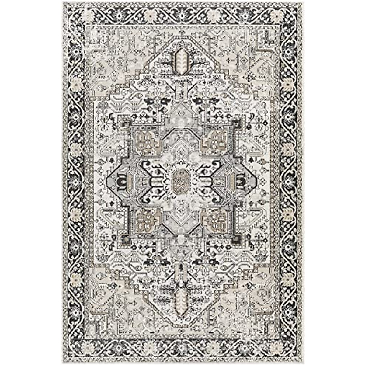 Hauteloom Cabacungan Traditional Persian Medallion Living Room Bedroom Area Rug - Machine Washable Distressed Carpet - Bohemian Oriental - Easy to Clean - Black, Grey, Beige - 9'3" x 12'
