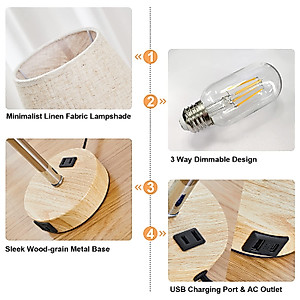 focondot Touch Table Lamps Set of 2-Bulbs Included, Practical Bedside Lamps with USB A+C Ports & 2-Prong AC Outlet, 3-Way Dimmable Nightstand Lamps with Linen Fabric Shade for Home Office Hotel