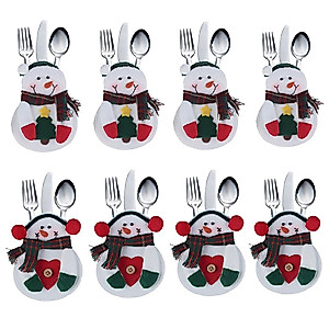 Deggod 8Pcs Christmas Tableware Holders Set, White Snowman Knife and Fork Bags Covers for Thanksgiving New Year Christmas Party Decorations Xmas Dinner Table Decor Ornaments (Snowman)