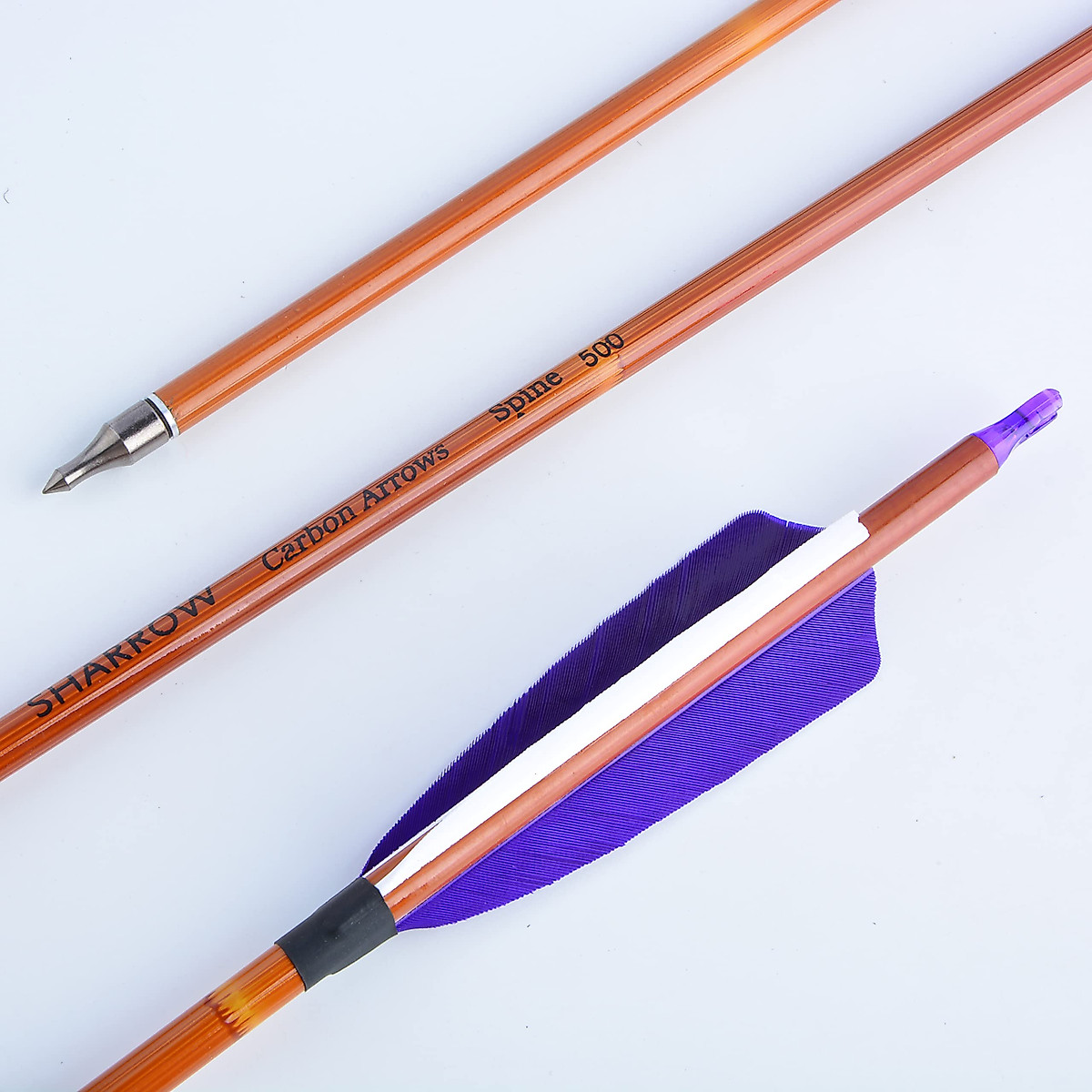 AMEYXGS 30inch Carbon Arrows Hunting Aiming Practice Arrows Spine 500 with 4inch Shield Turkey Feather Detachable Arrowhead for Recurve Compound Bow Longbow 12pcs (12Pcs Purple)