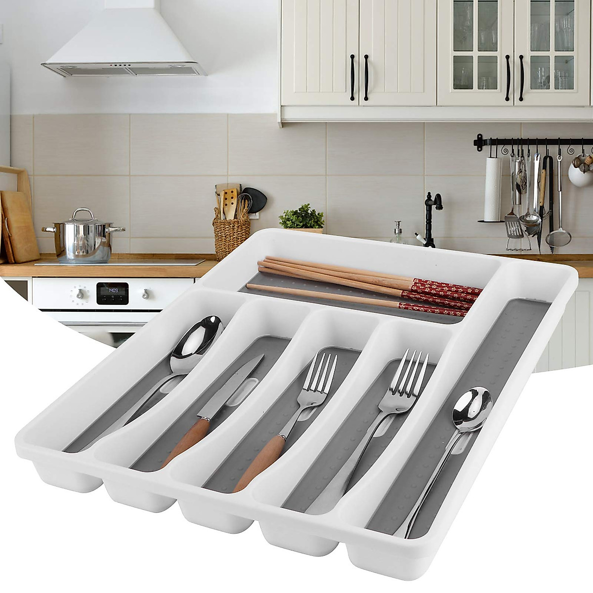 Drawer Organizer 6 Compartments Flatware Organizers Cutlery Tray Storage Box Kitchen Silverware Dividers Storage Soft Grip Lining and Non Slip Rubber Feet