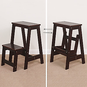 YokIma Folding Step Stool 2 Tier Step Ladder,Wood Ladder Stool Multifunction Step Ladder Stool Portable Counter Chair Shoe Bench/Flower Rack for Household and Office