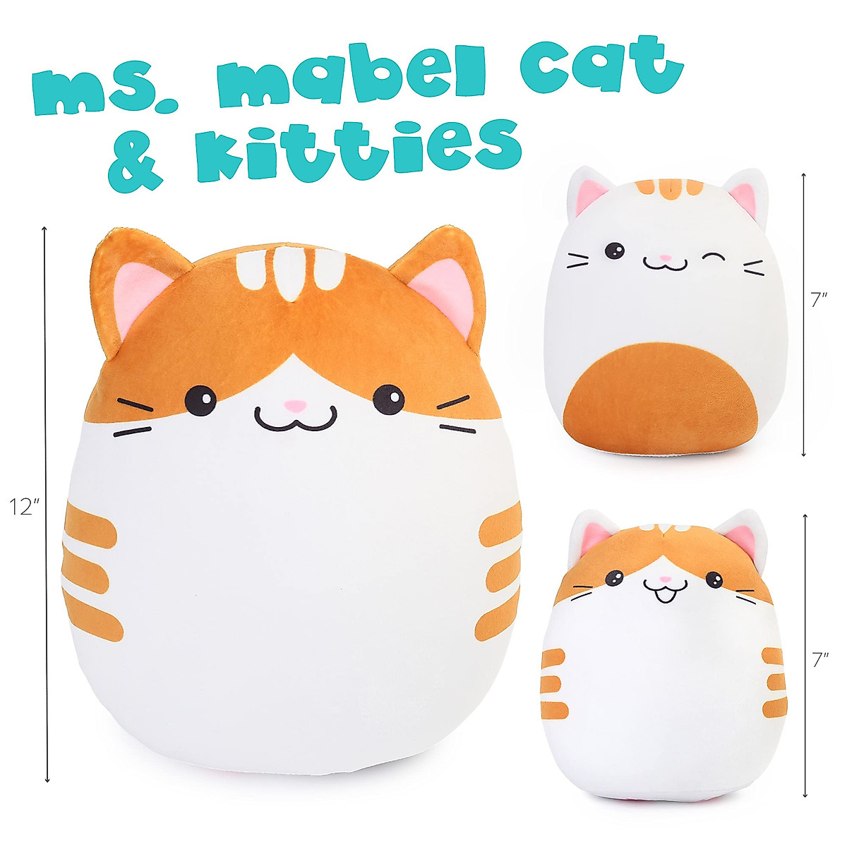 BenBen Cat Plush Toy, Set of 3, 12'' and 7'' Squishy Kitty Stuffed Animal Toy Hugging Pillow, Soft Cushion Plushies Gift for Kids, Easter Basket Stuffers