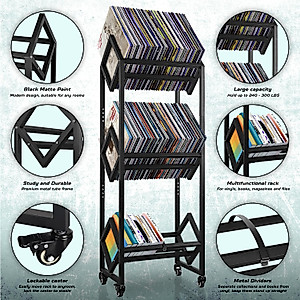 WIMART Record Holder, 2 Tiers Vinyl Record Storage Rack Shelf Holder, Album Display Stand for Home, Office with Sand Black Powder Coated High End Design with Casters Easy to Move, 160-200 LP Storage