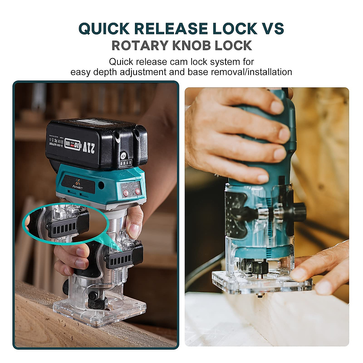 Avhrit Cordless Compact Router, Wood Router Tool With 2PCS 4.0Ah Batteries, 21V Brushless Portable Handheld Palm Routers for Woodworking, Wood Trimmer Cutting with 15 pieces 1/4" Router Bits Set