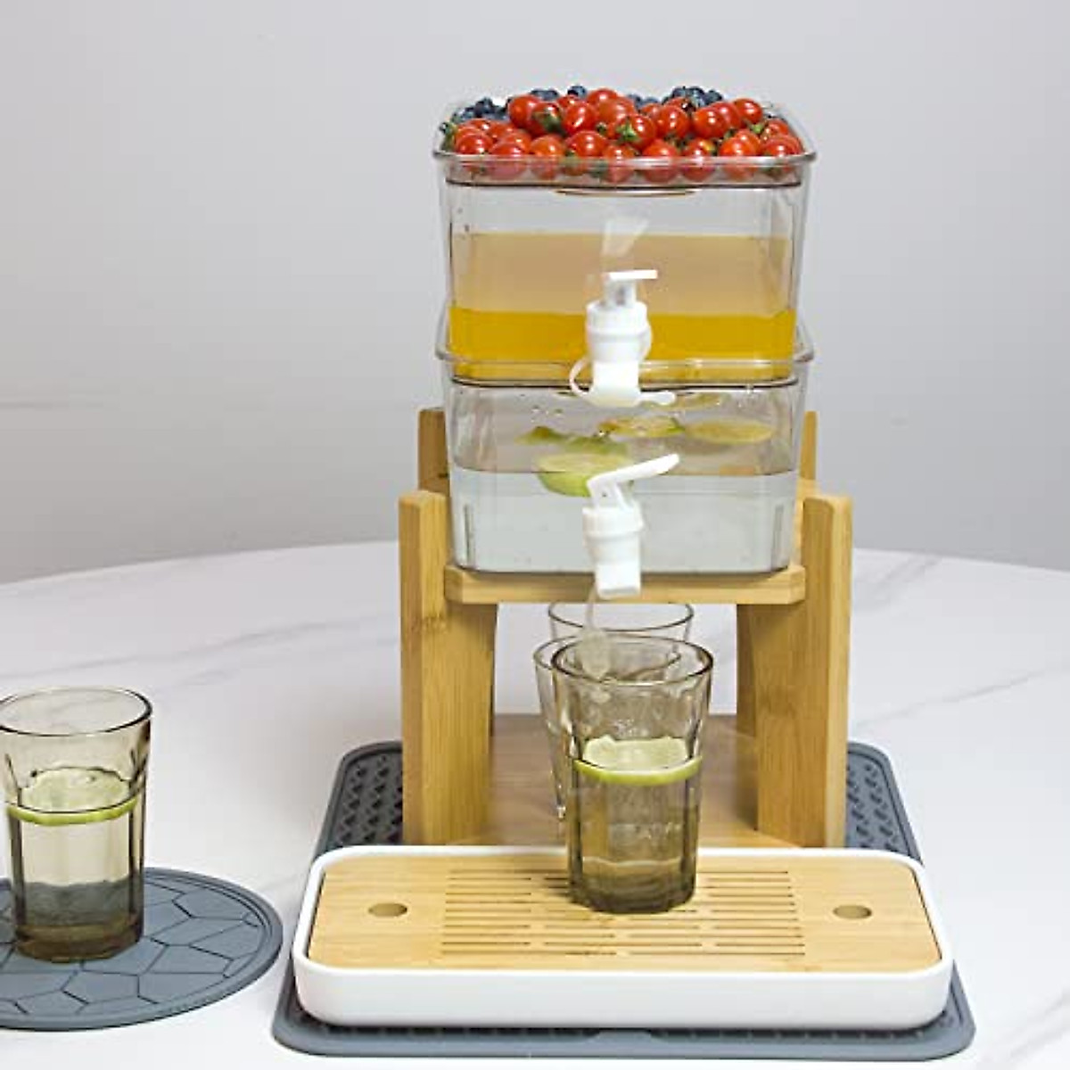 Kcgani 2Pcs Beverage Dispenser Cold Kettle with Spigot and Tray, 3L/0.8Gallon Stackable Iced Juice Milk Lemonade Mini Bucket, Small Refrigerator Plastic Container for Home Kitchen Party Bar