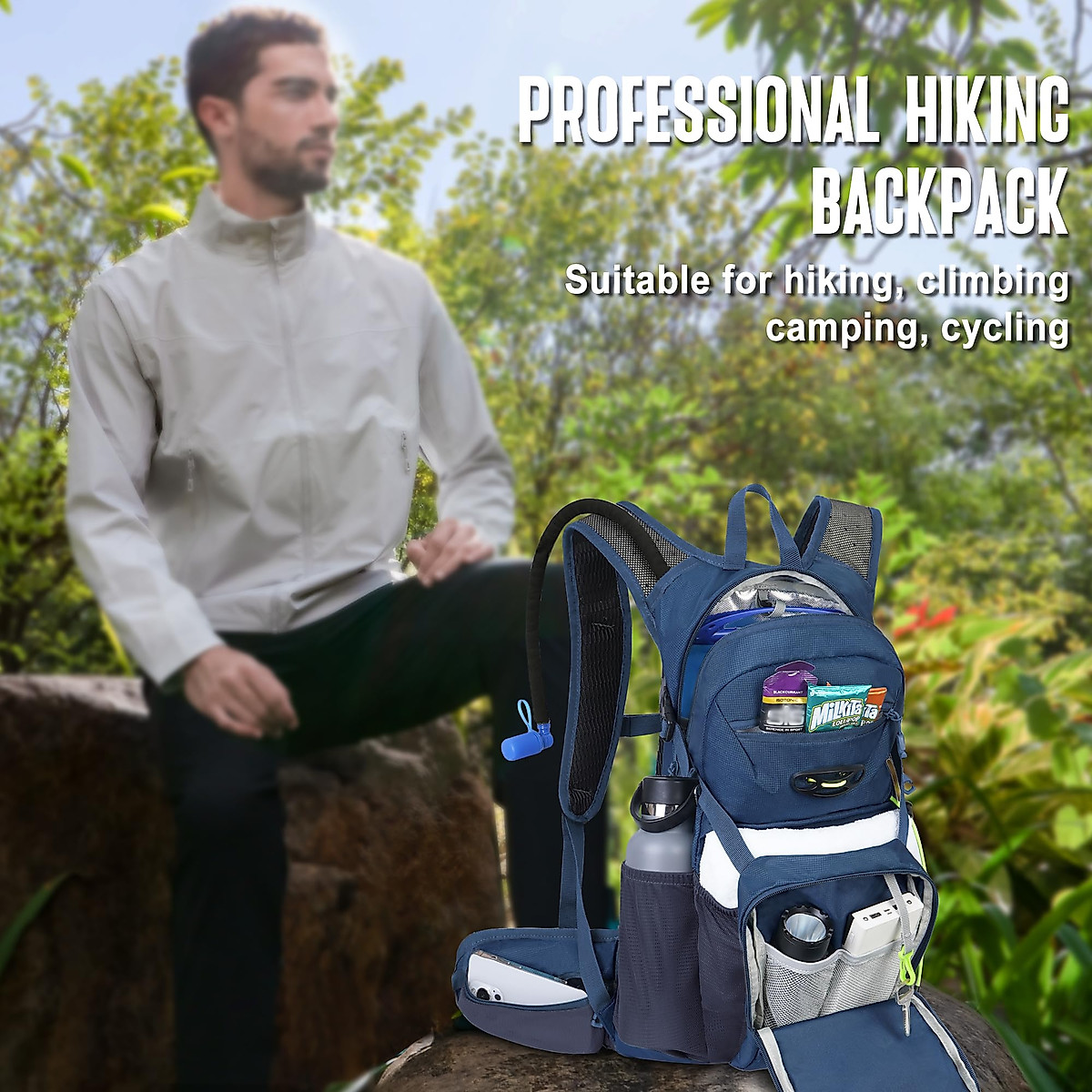 Multipurpose Hydration Backpack with 3L Water Bladder, High Flow Bite Valve, Perfect Water Backpack 18L for Hiking, Cycling