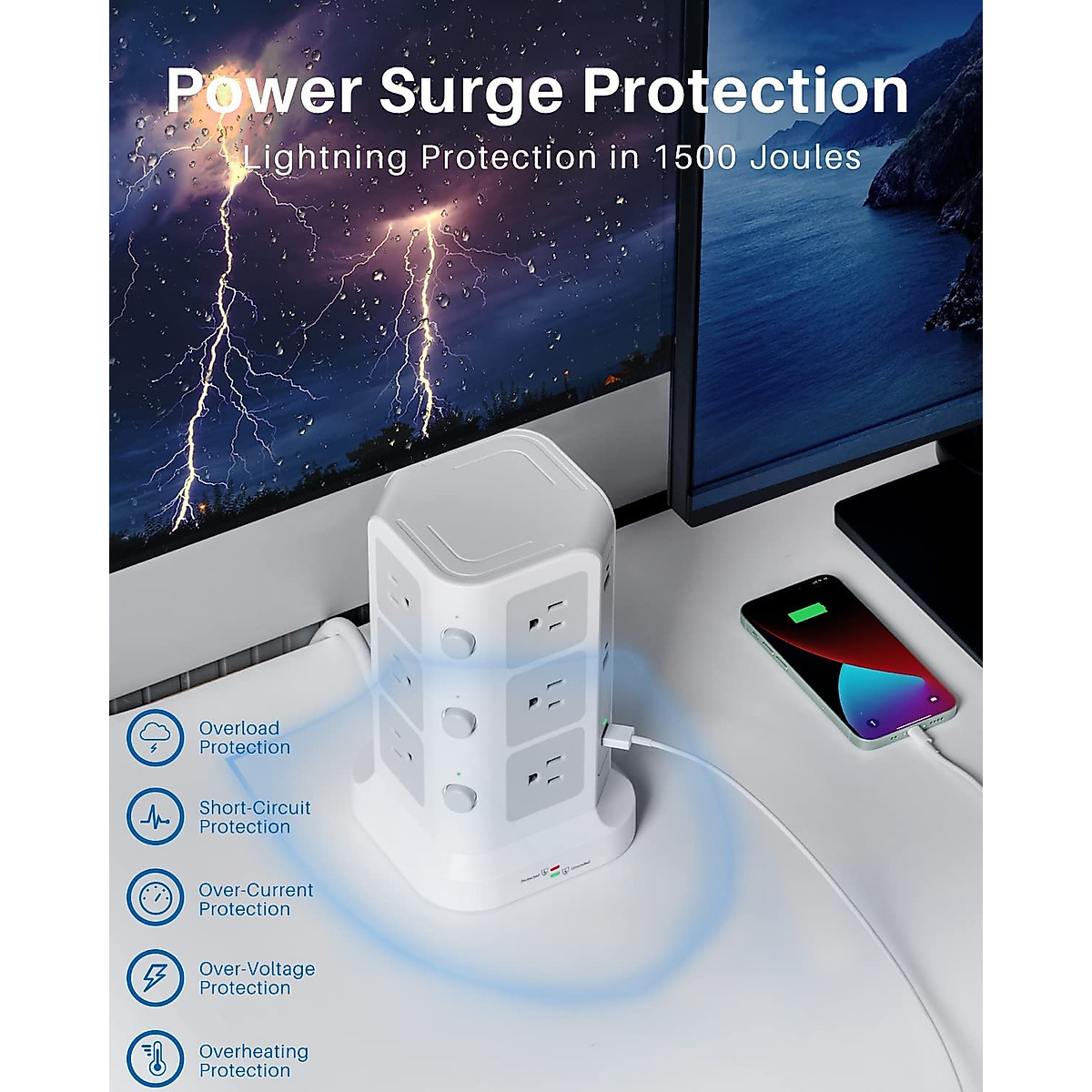 Surge Protector Power Strip Tower 16.4 FT + 6.5 FT, [1500 Joules] 12 Widely Spaced AC Outlets with 6 USB Ports Charging Station White