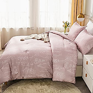 Litanika Pink Full Size Comforter Sets for Girls, 3 Pieces Cute Blush Floral Women Lightweight Bedding Comforter Sets, Flowers Soft Bed Set Gift Choice All Season (79x90In Comforter, 2 Pillowcases)