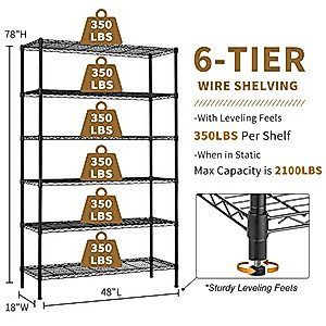 YYkokocat 6-Tier Wire Shelving Unit 2100Lb Capacity Adjustable Storage Shelves Heavy Duty Storage Rack with Wheels NSF Metal Shelf for Closet Kitchen Garage Basement, 82" H x 48" L x 18" D- Black