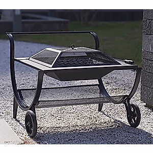 Sundale Outdoor Fire Pits Outdoor Wood Burning with Wheels, 27 Inch Steel Square Firepit BBQ Grill, Grate, Spark Screen, Fire Poker, Portable Fire Pit for Outside Patio Backyard