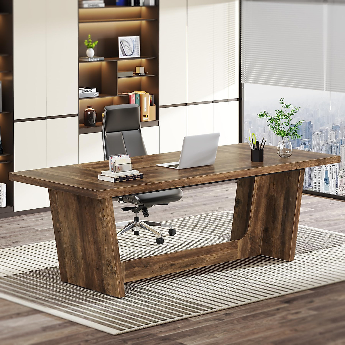 Tribesigns 70.87-Inch Executive Computer Desk: Large Home Office Desk with Solid Wooden Pedestal, Industrial Wood Study Writing Table, Workstation Business Furniture, Brown