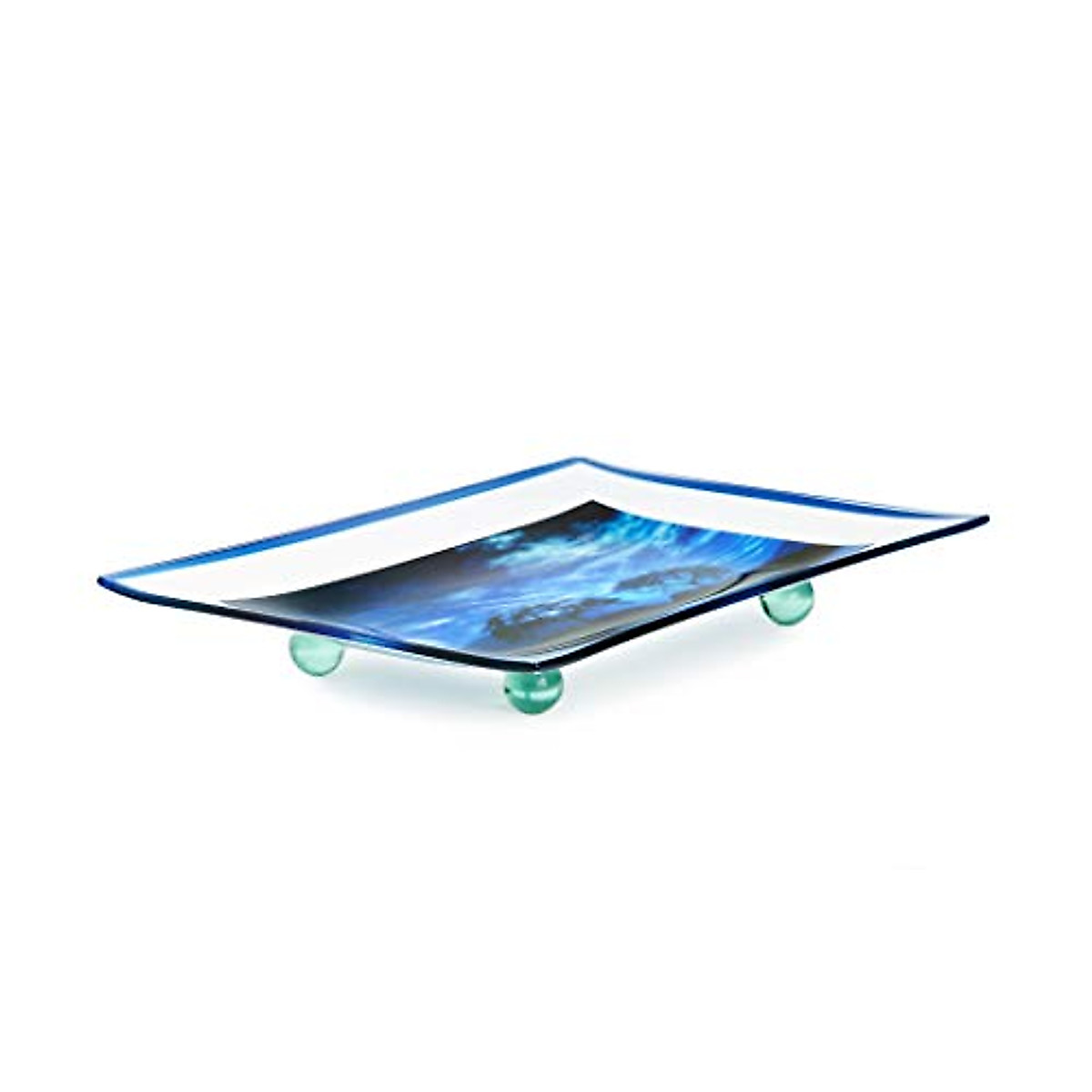 GAC Unique Landscape Design Rectangular Tempered Glass Serving Tray on Glass Ball Legs – 8x12 Inch – Break and Chip Resistant – Attractive Blue Colored Serving Platter