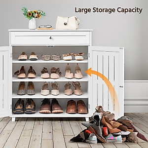 Topeakmart Wood Shoe Cabinet, Shoe Rack with 1 Big Drawer & 4 Storage Shelves, Shoe Storage Cabinet with 2 Louvered Door, for Entryway Living Room, White