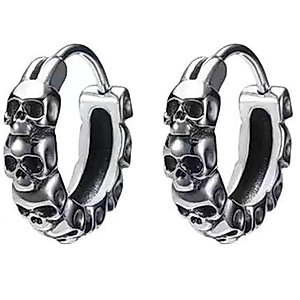 Jude Jewelers Retro Vintage Stainless Steel Gothic Skull Cocktail Party Hallloween Biker Hoop Earrings (Silver)
