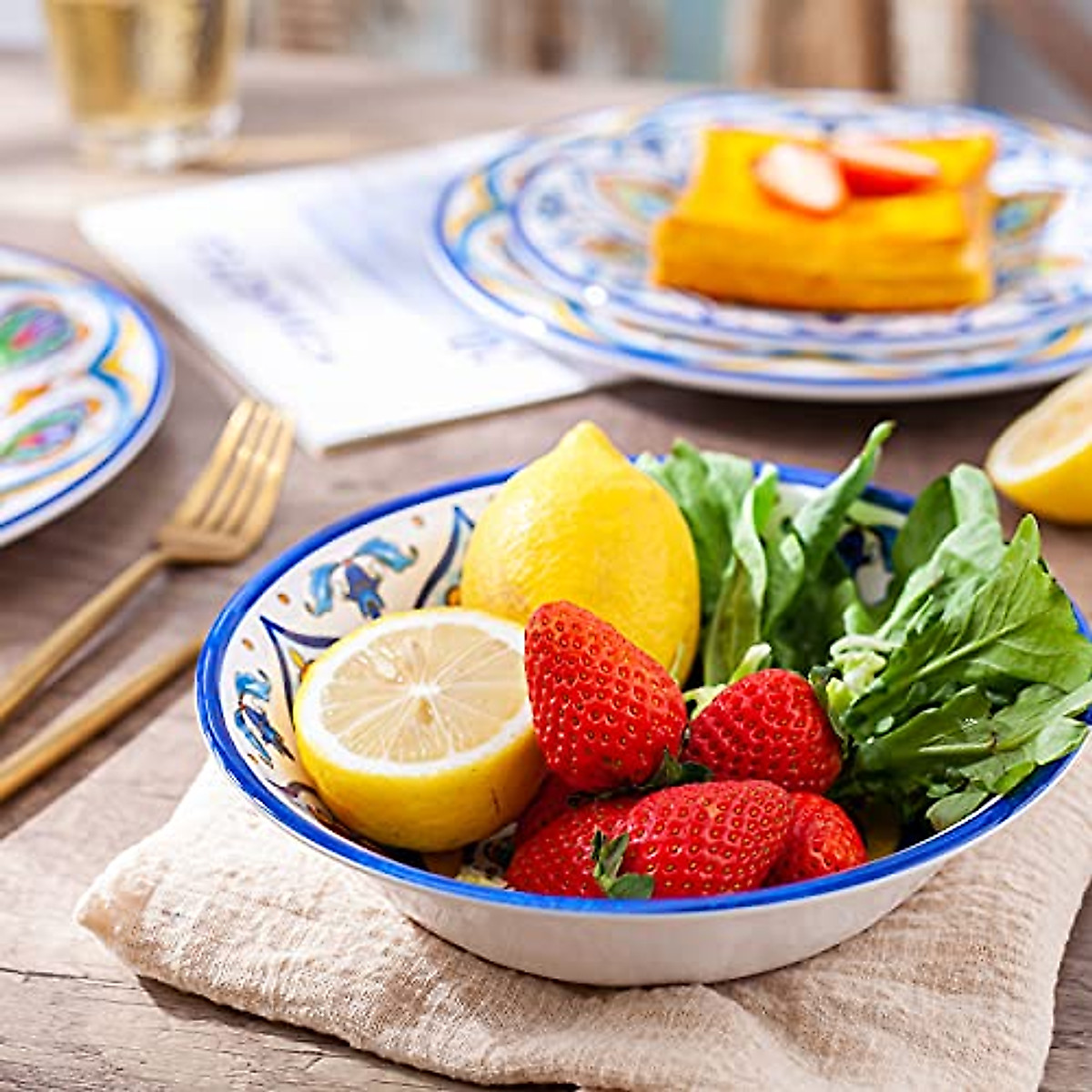 Melamine Dinnerware Set - 12 Pcs Dishware DurableOutdoor Plastic Plates Bowls Service for 4 (Gold Floral)