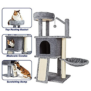 TSCOMON 36.6" Multi-Level Cat Tree Cat Tower for Indoor Cats, Plush Perch with Cat Condos and Scratching Posts with Hammock Basket and Hanging Ball, Grey