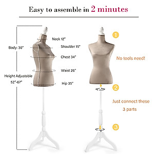 HOMBOUR Female Mannequin Torso Dress Form, Sewing Mannequin Body, Adjustable Manikin with Wooden Tripod Base Stand for Display Dressmaker Jewelry, Grey