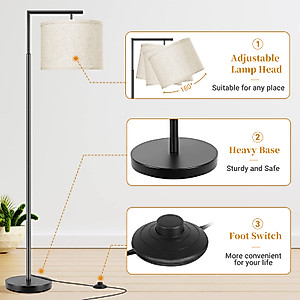 ROTTOGOON Floor Lamp for Living Room with 3-Color Temperature 9W LED Bulb, Modern Standing Lamp with Linen Beige Shade & Foot Switch, Tall Pole Lamp for Bedroom, Study Room, Office, Kids Room (Black)