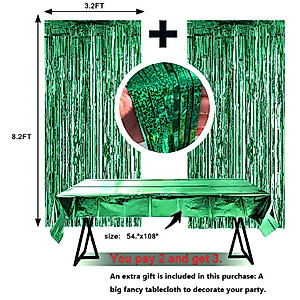 2 Pack Green foil Fringe Curtains 3.2 ft x 8.2 ft + 1 Pack Tablecloth 54” x108 for Birthday Wedding Christmas Bridal Shower Bachelorette Holiday Party Backdrops Photo Booth Props (Green)