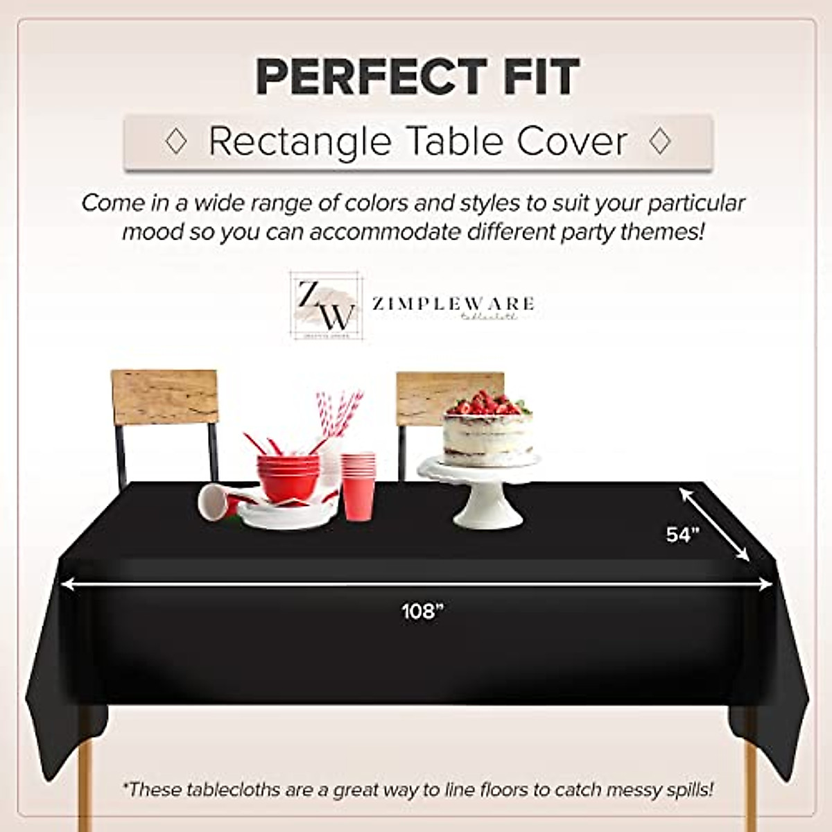 ZIMPLEWARE Premium Black Plastic Table Cloth Disposable (6 Pk) Plastic Tablecloths for Rectangle Tables (54in x 108in) Party Table Cloths Disposable for 6ft to 8ft Rectangle Tables