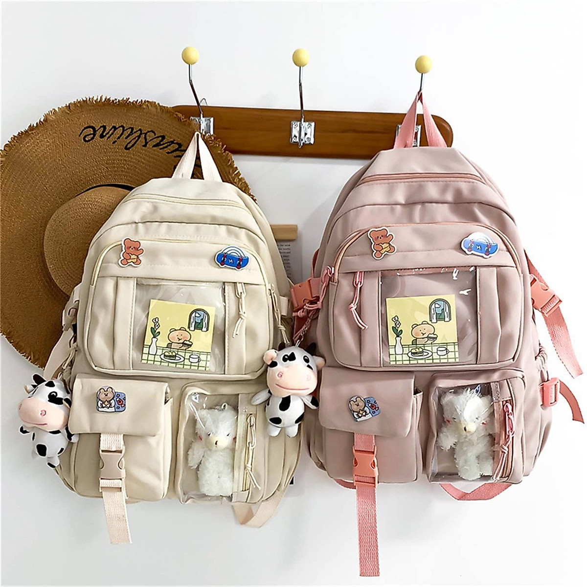 Maioloq Kawaii Backpack with Cute Bear Plush Pin Accessories Large Capacity Aesthetic School Bags Cute sage green Bookbag for Girls Teen-sage Green 111…
