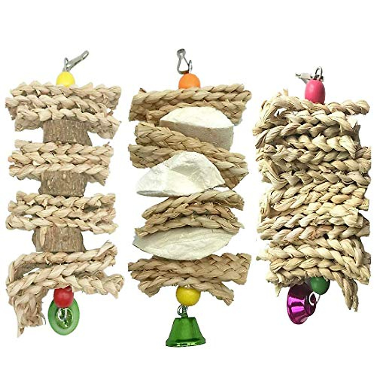Parrot Toys Chewing Bird Toy Cuttle Bone Beak Grinding Cage Hanging Bell Toys for African Greys Amazon Conure Eclectus Budgies Parakeet Cockatiel Hamster Chinchilla Rabbit, 3 Pack