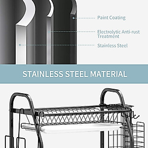 alvorog 2-Tier Dish Drying Rack with Utensil Holder and Cutting Board Holder, Stainless Steel Dish Rack with Removable Drain Boards Large Capacity Dish Drainer Kitchen Organizer for Countertop (Black)