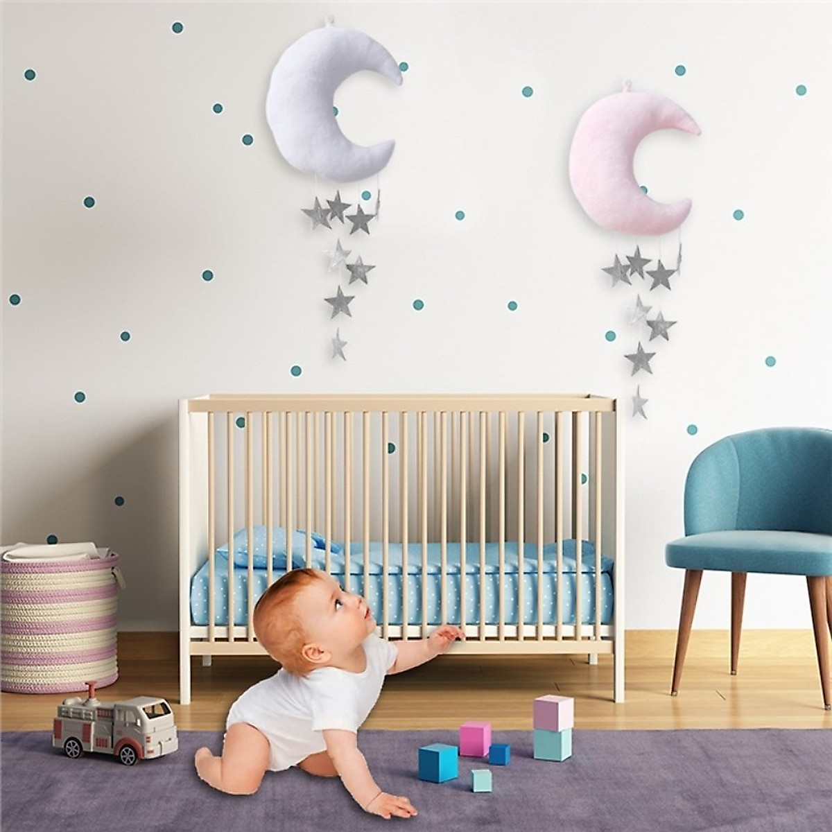 Braceus Wall Backdrop Children Room Hanging Moon Stars Stuffed Decor for Baby Bedroom (Pink + Silver)