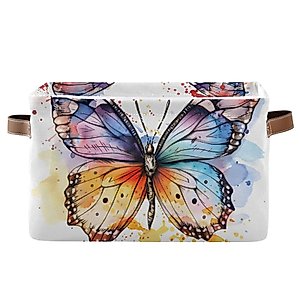KUEJOP Storage Basket Watercolor Colored Butterfly Durable Canvas Collapsible Toy Box Organizer Bin with Handles for Shelf Closet Bedroom Home Office, one sizex1