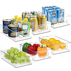Moretoes 6 Pack Plastic Kitchen Pantry Cabinet, Clear Organizing Bins with Handles, Stackable Clear Storage Bins for Fruit, Yogurt, Shelf, Drawer- Food Safe,10 Inch Long